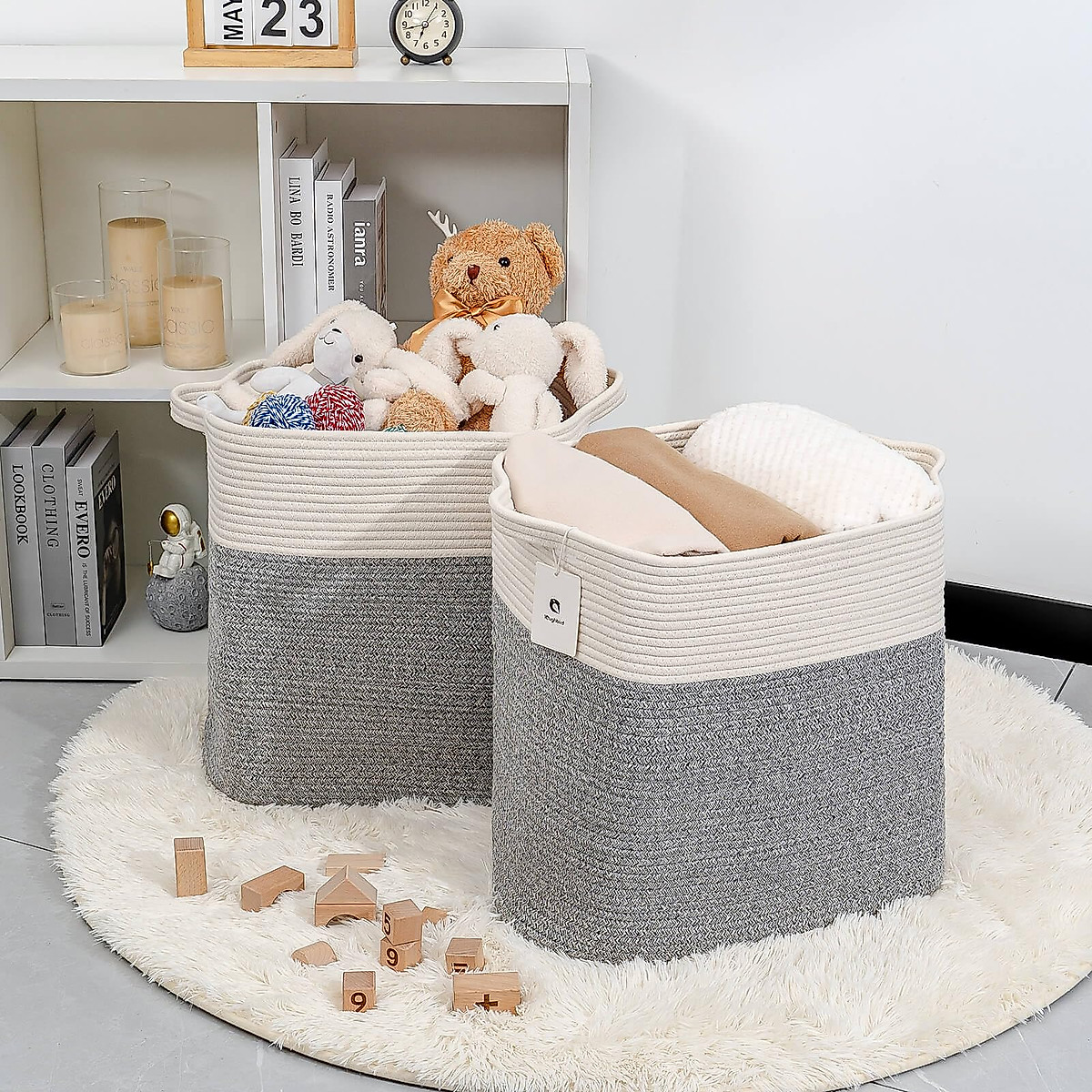 Laughbird Tall Storage Bins Rectangle Basket Cotton Extra Large Toy Storage Hamper Rectangular with Handles,Decorative Blanket Laundry Basket for Living room,Dog Baskets Large Basket for Toys 2 pack