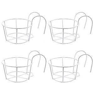 4 Pack Round Hanging Railing Planters, Flower Pot Holders Metal Pot Plant Basket, Shelf containers for Indoor and Outdoor use (White)