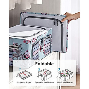 LitBear 2 Pack 24L Clothes Storage Bins Foldable Metal Frame Storage Box - Stackable Oxford Fabric Container Organizer Set with Carrying Handles and Clear Window(Blue floral)