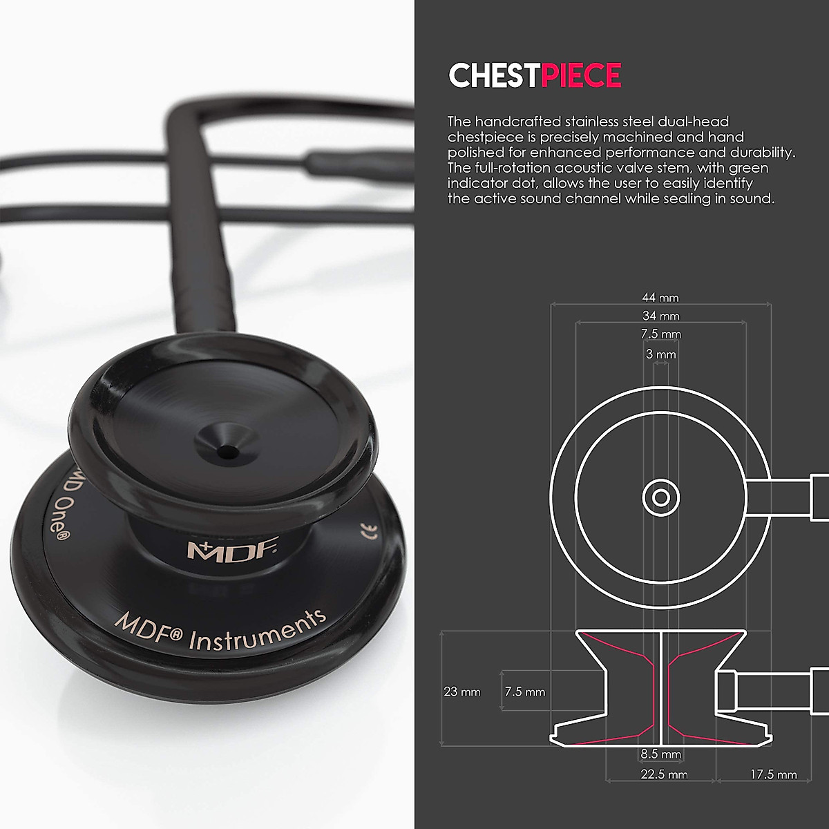 MDF Instruments MD One Stainless Steel Stethoscope, Black Tube, Black Chestpieces-Headset, MDF777BO + MDF Stethoscope Hard Travel Carrying Case with Mesh Pocket, Medium Size (MDFSCM12)