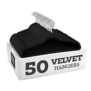 Black Velvet Felt Non Slip Clothes Hangers 50 Pack - Ultra Slim & Space Saving - Heavy Duty Swivel Black Hook for Clothing, Suit, Top, Tie, Shirt, Skirt & Pant Organization