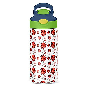 ALAZA Watercolor Funny Insects Ladybug Kids Water Bottles with Lids Straw Insulated Stainless Steel Water Bottles Double Walled Leakproof Tumbler Travel Cup for Girls Boys Toddlers 12 oz / 350 ml,Gree