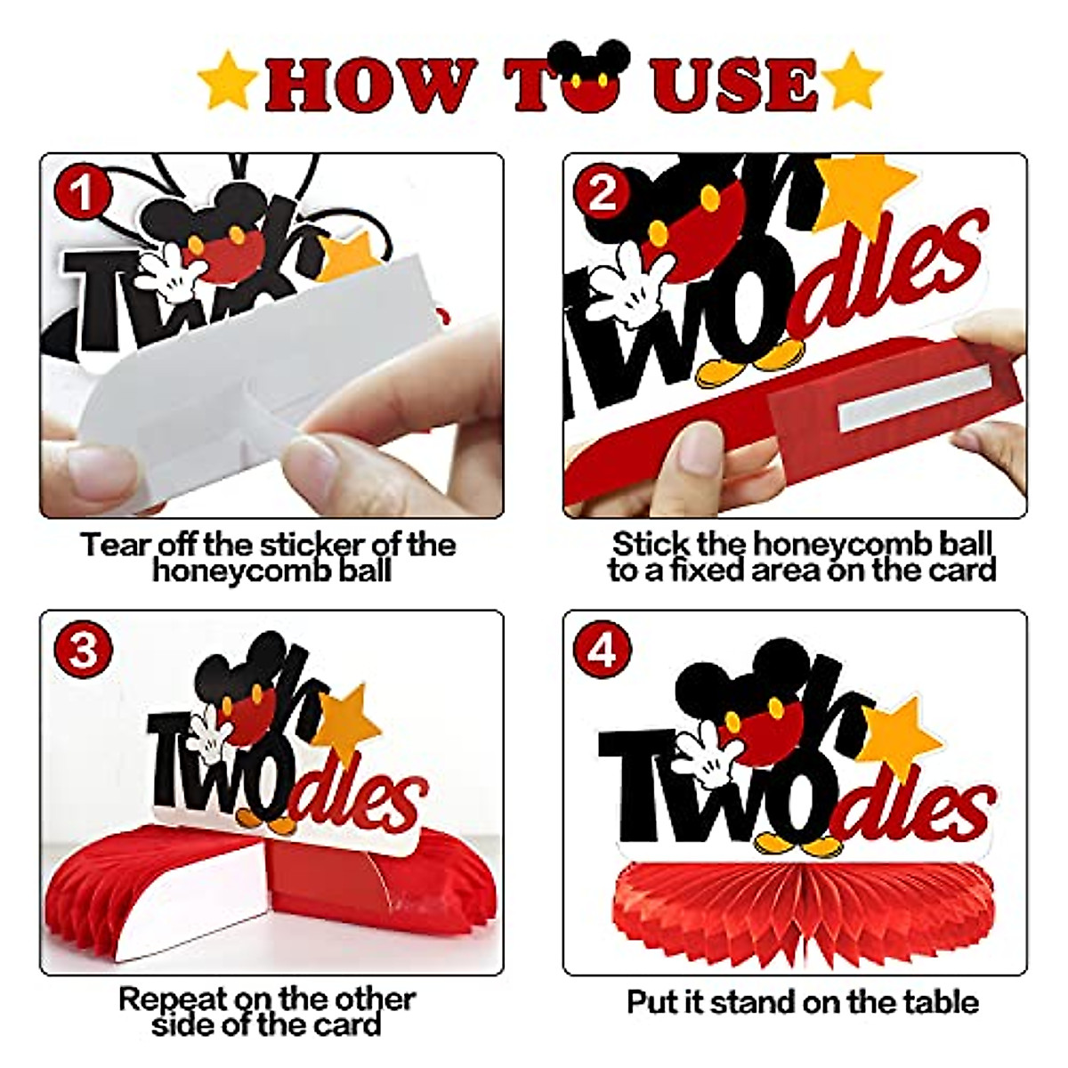 LINGTEER Mickey Oh Twodles Table Honeycomb Centerpieces - Cheers to Kids 2nd Birthday Two Years Old Mouse Themed Bday Party Decorations Sign.