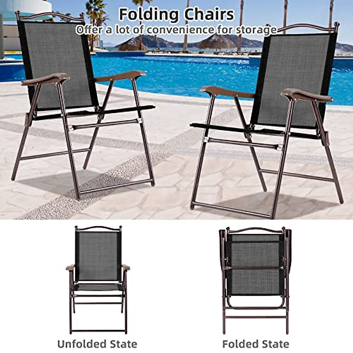 BestComfort Patio Folding Chairs Set of 2, Portable Sling Chairs with Armrest Metal Frame, Indoor Outdoor Lawn Chairs, Folding Chairs for Yard Garden Poolside Beach Camping, No Assembly, Black