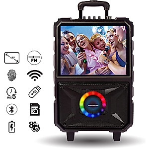 Professional Karaoke Machine with Lyrics Display, Bluetooth Portable Singing PA Speaker System for Christmas Party, Built-in 15" Tablet, LED Lights, 2 Wireless Microphones, USB, AUX, SD & FM Radio