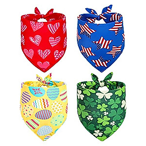 Whaline 4Pcs Holiday Pet Bandanas Valentine's Triangle Dog Bibs St. Patrick's Day Dog Scarf Easter Dog Collar Scarf Independence Day Pet Neckerchief with Festival Elements for Pet Costume Accessories