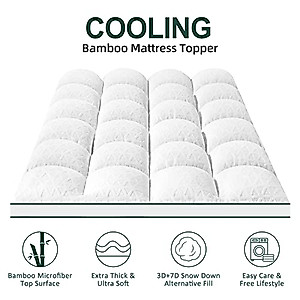 HARNY Bamboo Mattress Topper Queen Size, Cooling Breathable Extra Thick Mattress Pad Cover for Back Pain Relief Down Alternative Overfilled Plush Pillow Top with 8-21 Inch Deep Pocket