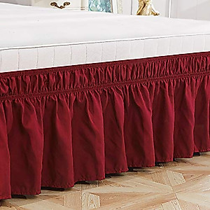 Queen/King Wrap Around Bed Skirts, 14 Inch Drop Ruffled Bed Skirt with Adjustable Elastic Belt, Easy Fit Wrinkle & Fade Resistant Silky Fabric, Wine