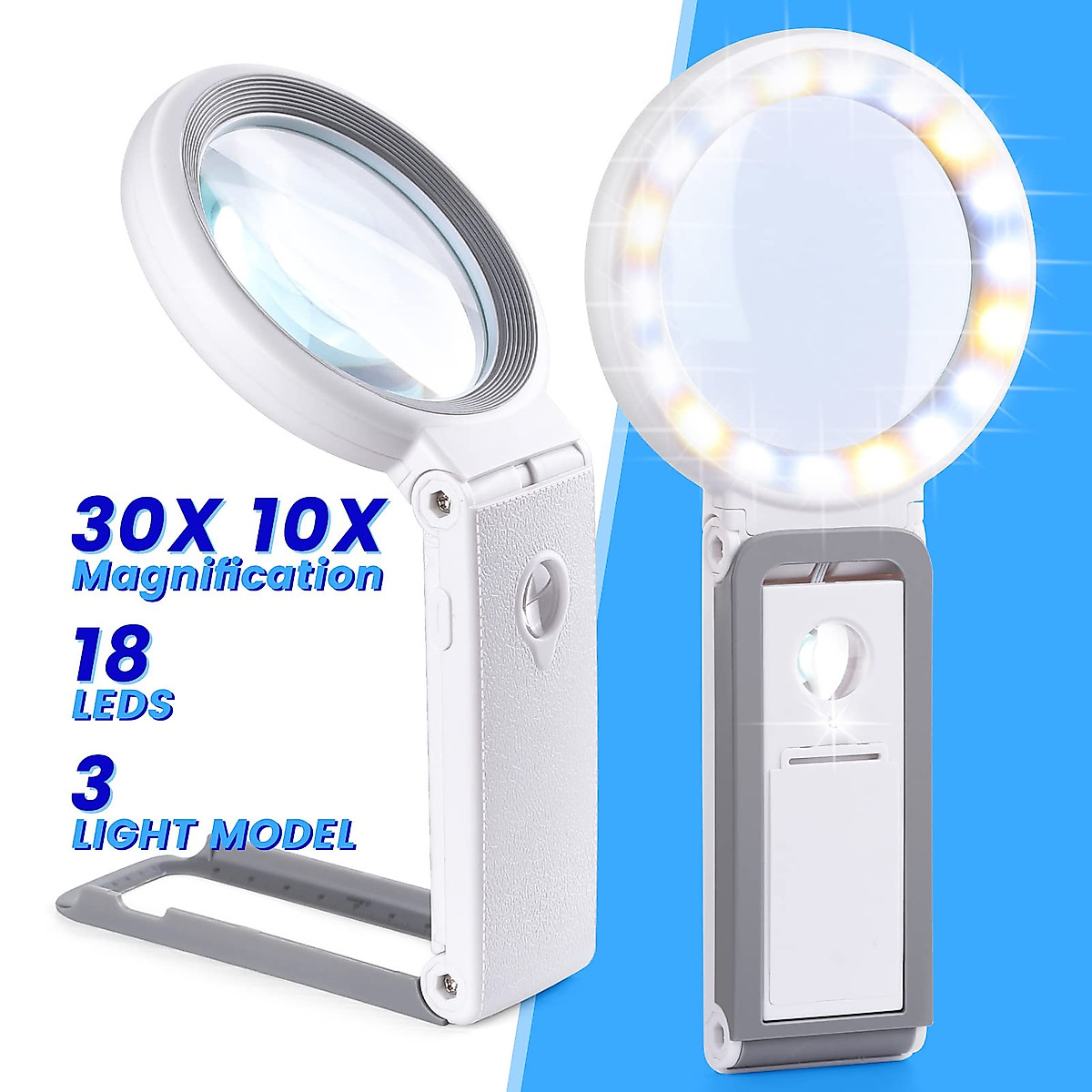 30X 10X Magnifying Glass with Light and Stand, Foldable Handheld Magnifying Glass 18 LED Illuminated Lighted Magnifier for Macular Degeneration, Seniors Reading, Close Work, Coins, Jewelry