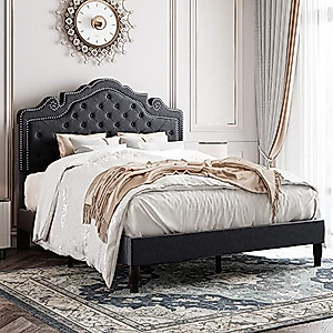 Allewie Queen Bed Frame with Adjustable Tiara Headboard, Fabric Upholstered Diamond Button Tufted Platform Bed, Wood Slats Support, No Box Spring Needed, Mattress Foundation, Easy Assembly, Dark Grey