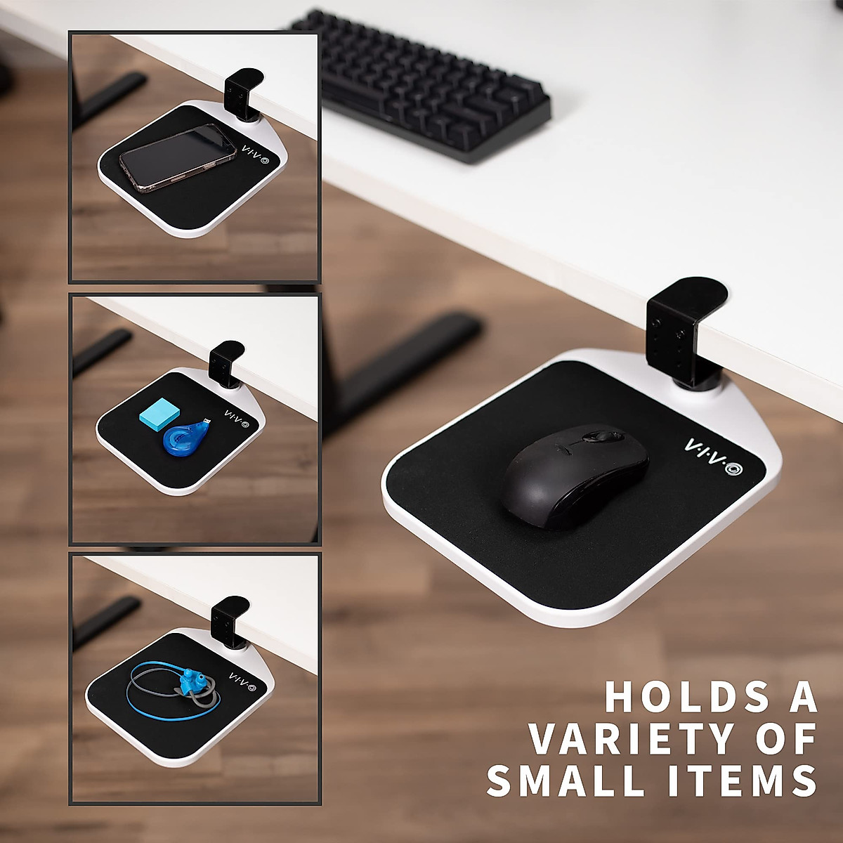 VIVO Clamp-on Mouse Pad Holder Platform, Adjustable Under Desk 360° Rotating Tray Rest Extension Attachment, up to 2 inch Desktops, White, MOUNT-MS01AW