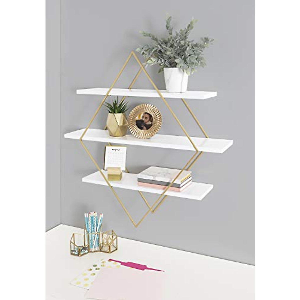 Kate and Laurel Daxton Modern Wood and Metal Wall Shelf, 31" x 32", White and Gold, Glam Wall Organization