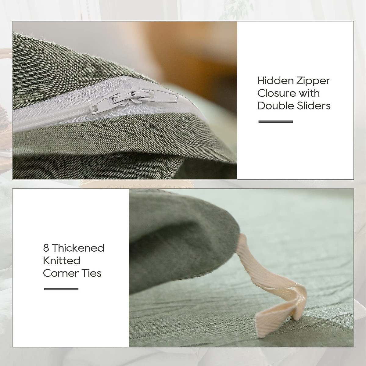 OS OMYSTYLE Sage Green Duvet Cover King Size 100% Washed Cotton Linen Like Textured for All Seasons, 3 Pieces Ultra-Soft Solid Color Bedding Set with Zipper Closure, 1Pc Duvet Cover 2Pcs Pillowcases