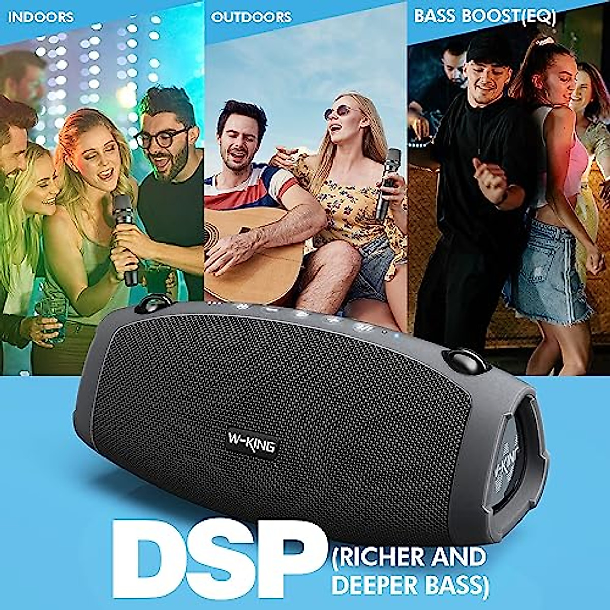 W-KING Portable Loud Bluetooth Speakers with Wireless Microphone, (120W PEAK)70W Outdoor Speaker Bluetooth Wireless Waterproof, Triple Passive Radiators-Deep Bass/Hi-fi/DSP/Power Bank/TF/AUX/EQ/Opener
