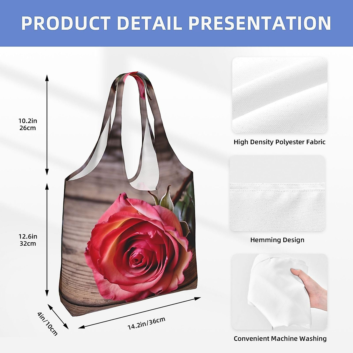 VTCTOASY Rose on Old Wooden Board Print Aesthetic Tote Bags Large Beach Bag Canvas Shoulder Bag Reusable Shopping Bags