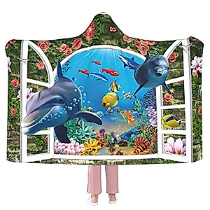 Hooded Blanket Underwater Dolphin With Flowers Window Flannel Wearable Throw Cape Robe Wrap Fleece Warm Air-Conditioning Quilt 60"X50"
