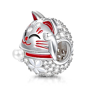 GNOCE Lucky Cat Charms for Women Sterling Silver “Wish You Luck” Cute Cat Bead Charm with Cubic Zirconia Fit Bracelet Necklace Gifts for Daughter & Friends Pet Lovers (Lucky Cat)