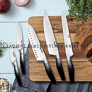 hecef Gradient Black Kitchen Knife Set of 5, Chef Knife Set with Satin Finished Blade & Hollow Handle & Protective Sheaths, Includes Chef, Santoku, Bread, Utility & Paring Knife