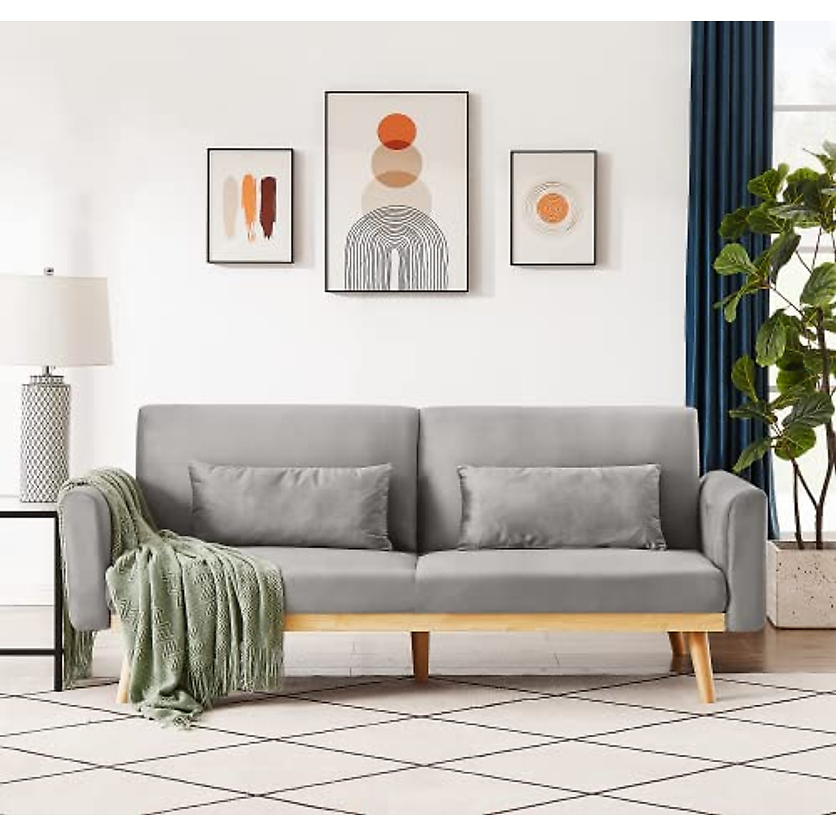 AWQM Velvet Futon Sofa Bed, Memory Foam Couch Set, Upholstered Modern Daybed Convertible Folding Loveseat Recliner with Pillows and Wooden Frame for Compact Living Room, Apartment, Dorm, Office (Grey)