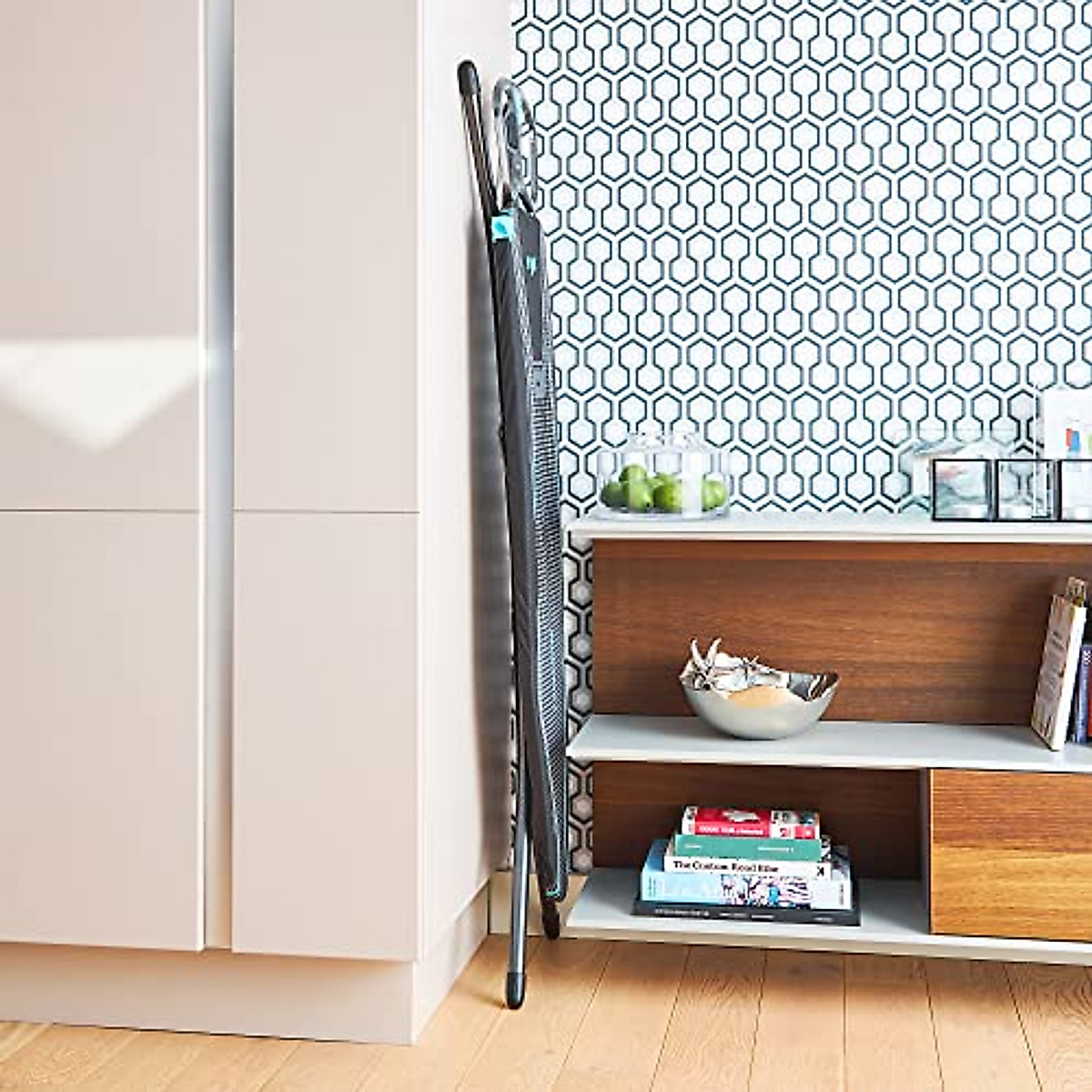 Minky Ergo Prozone Ironing Board | Made in UK | Dual Iron Rest, Heat Reflective Cover, Thick Felt Underlay - Freestanding Ironing Board with Large 48" x 15" Ironing Surface (Gunmetal and Blue)