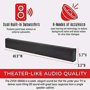 ZVOX SB500 Soundbar for TV, Home Speaker Bar Works with 50" to 90" TVs, Soundbar with Subwoofer Built-in, 6 Modes AccuVoice Dialogue Boost, Multi-Zone Audio and Hearing Technology
