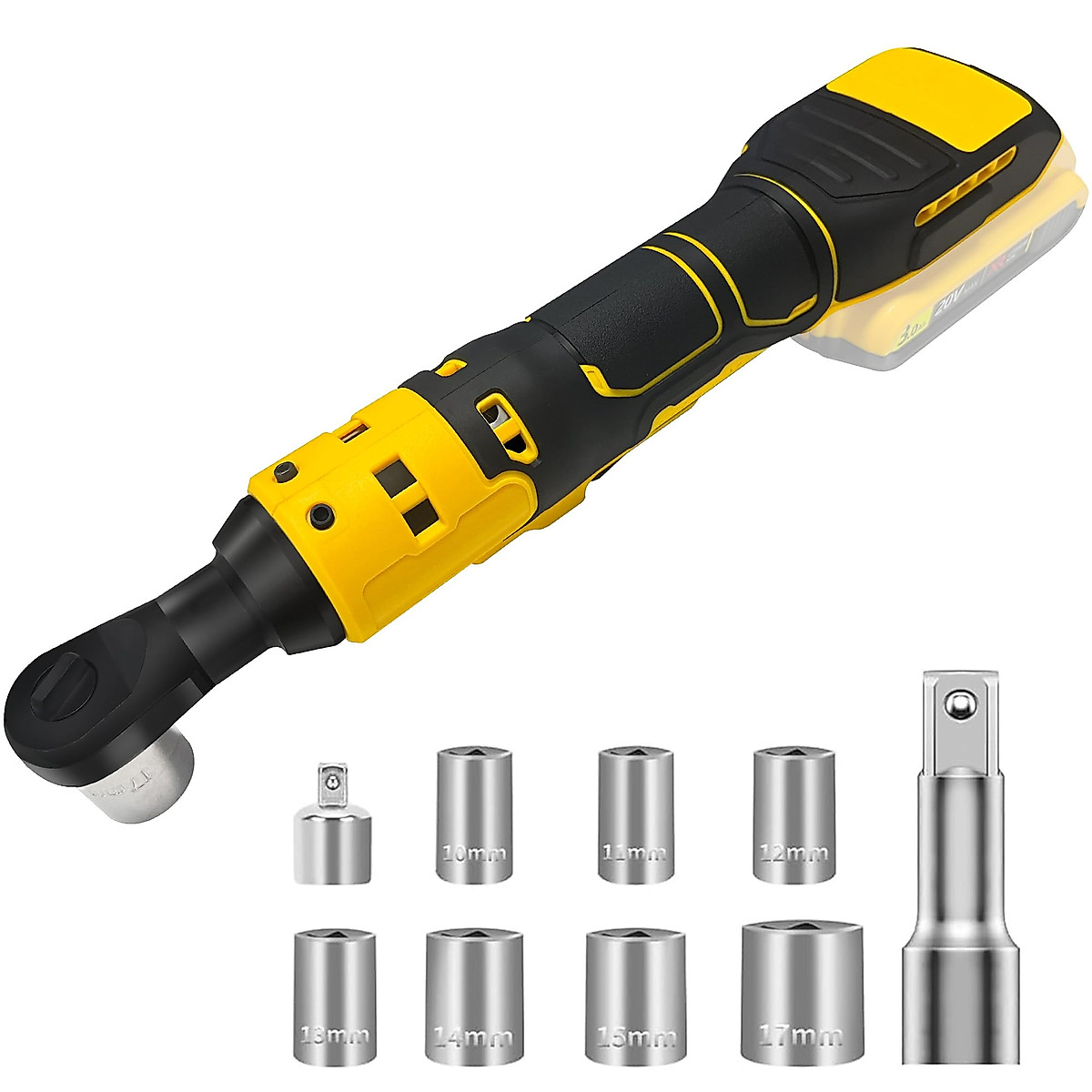 3/8" Cordless Ratchet Wrench Compatible with DEWALT 20V Battery, Electric Power Ratchet, Variable Speed Trigger, 45 Ft-lbs 400 RPM Wrench Tool, 7 Sockets, 1/4" Adapter & 3" Extension Bar (Tool Only)