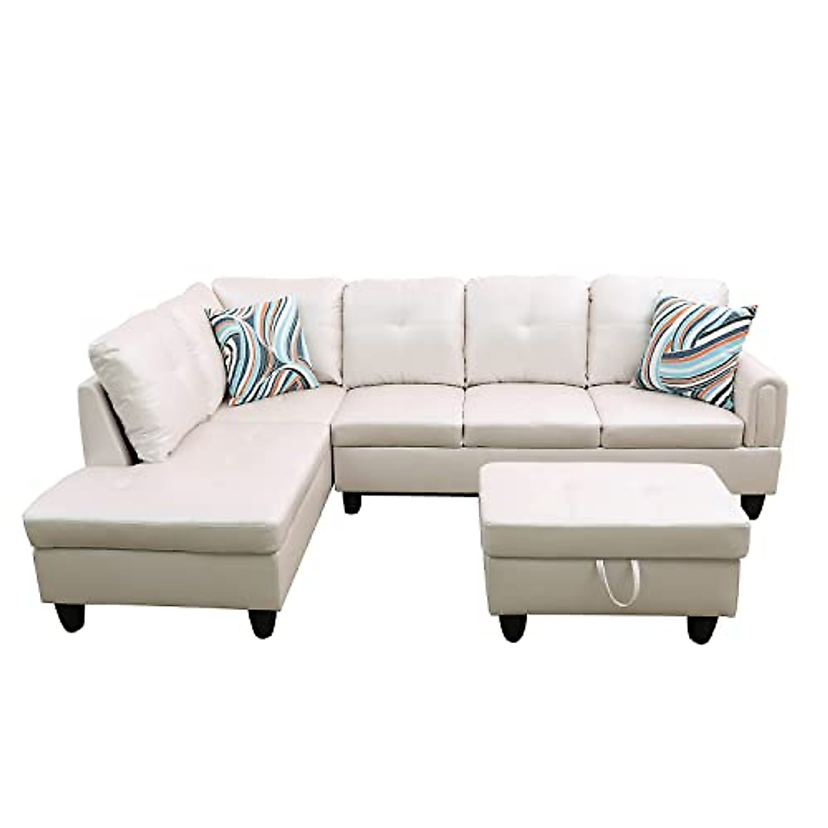 EZLUX Pearl White Faux Leather L-Shaped Left Chaise Sectional Sofa Couch Set with Ottoman for Living Room