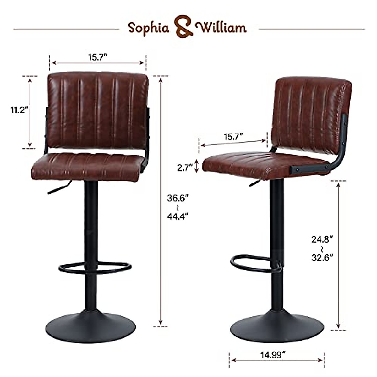 Sophia & William Kitchen Bar Stools Set of 2 Counter Height Adjustable Swivel Bar Stools with Back, Modern PU Leather Cushioned Counter Stools for Island Pub, Farmhouse, 300lbs ,Reddish Brown
