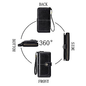 JJUQ Womens Wallet Leather Large Capacity Card Holder Zipper Wristlet Wallets for Women-black