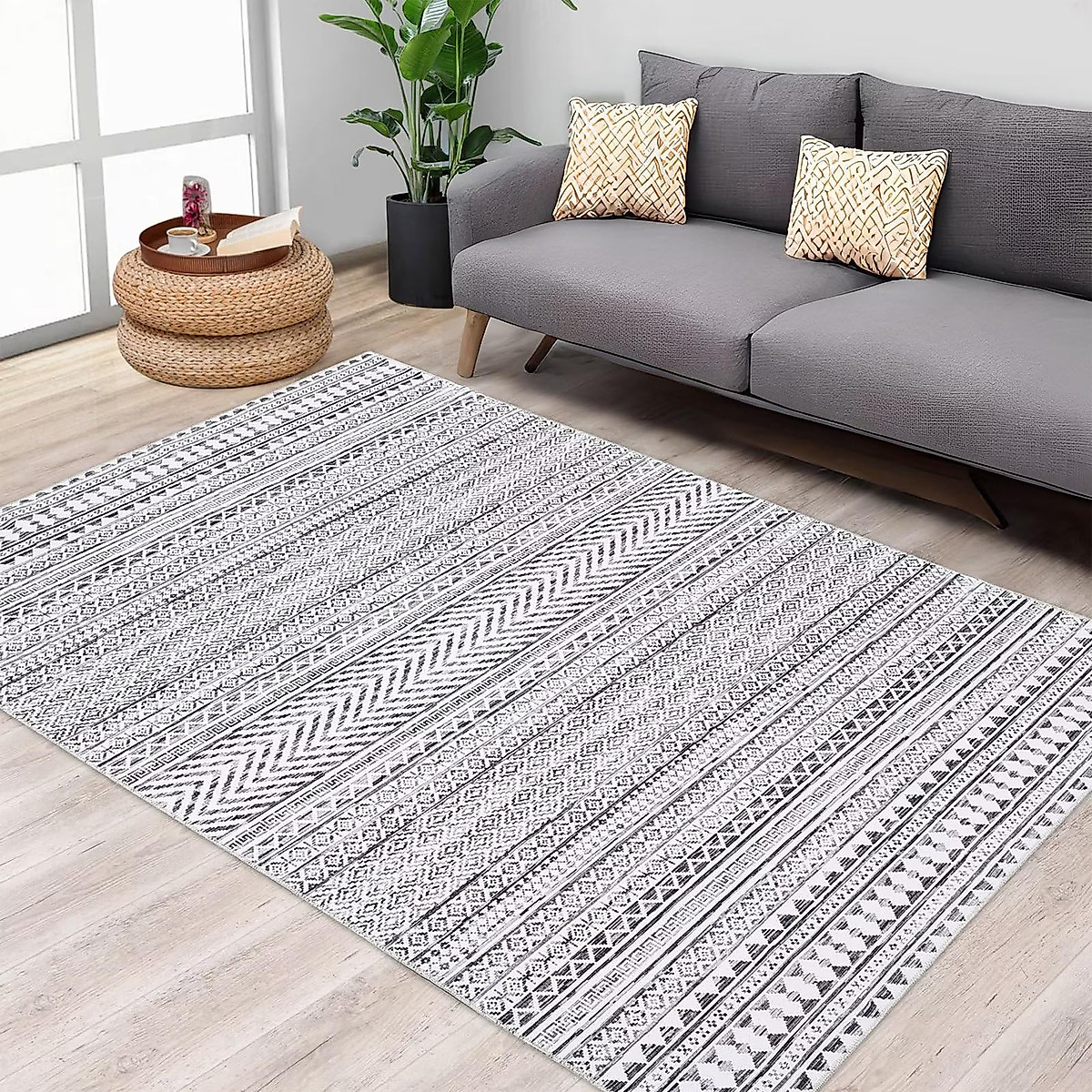 Zacoo Area Rug 9 x 12 Boho Rug Machine Washable Geometric Rug Indoor Modern Moroccan Floor Carpet Extra Large Soft Non-Slip Farmhouse Floorcover Home Decor Rug for Kitchen Living Room Bedroom, Grey
