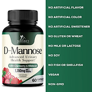 D-Mannose & Cranberry Extract 1350mg Advanced Formula, Fast-Acting Natural Urinary Tract Health Support for Women & Men, Flush Impurities in Urinary Tract & Bladder, Non-GMO, Vegan - 60 Capsules