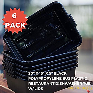 6 Pack 20" x 15" x 5" Black Polyethylene Plastic Restaurant Dishwasher Tub Bus Tub, Bus Box, Storage Bins, Storage Box W/Lid