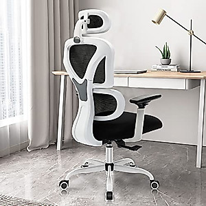 KERDOM Ergonomic Office Chair, Home Desk Chair, Comfy Breathable Mesh Task Chair, High Back Thick Cushion Computer Chair with Headrest and 3D Armrests, Adjustable Height Home Gaming Chair White