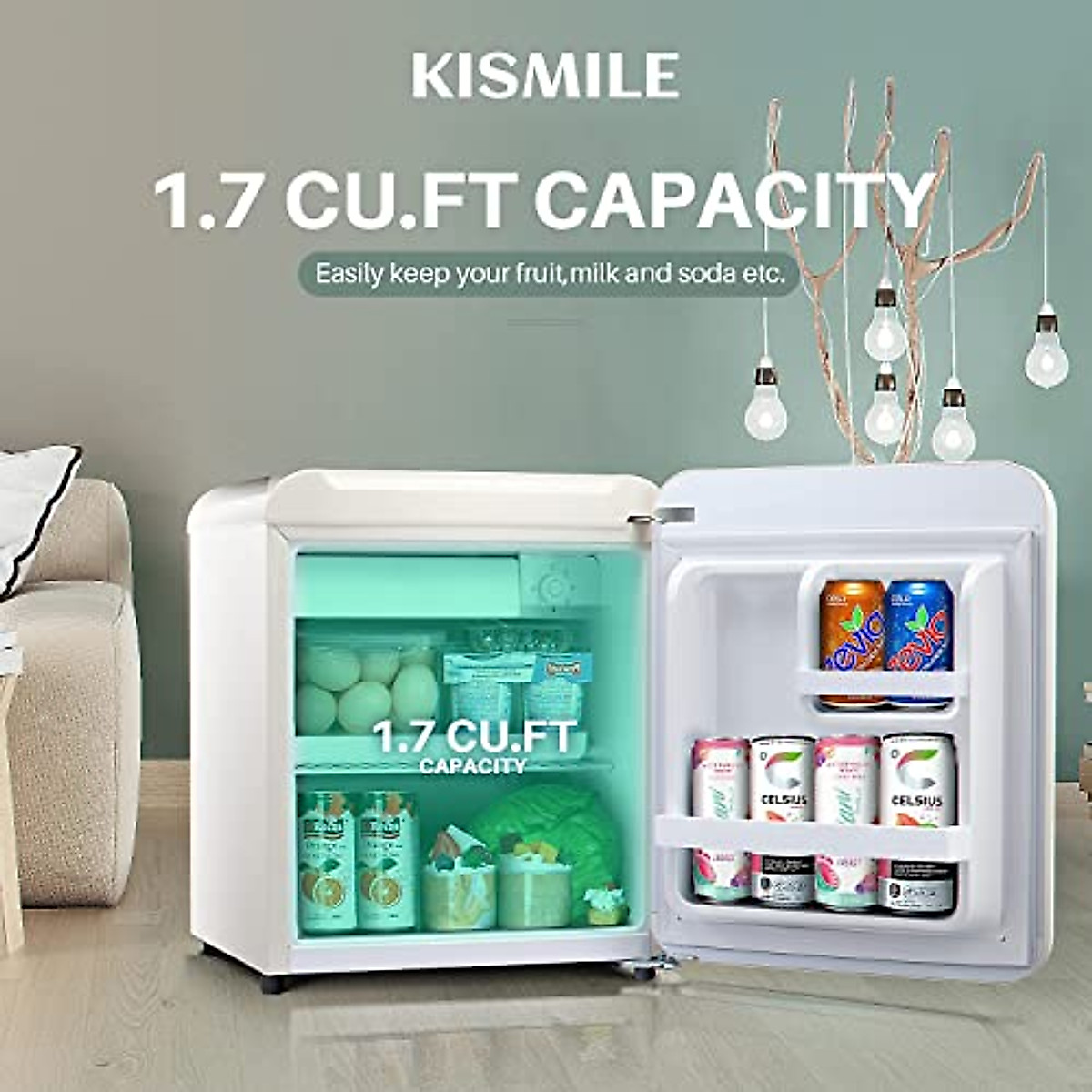 Kismile Retro Mini Fridge with Freezer,1.7cu. ft Small fridge with Adjustable Removable Glass Shelves, Mechanical Control, Compact Refrigerator for Office, Dorm, Bedroom (White)