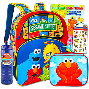 Sesame Street Kids Elmo Backpack With Lunch Box ~ 6 Pc Bundle With 16 Elmo School Bag For Boys, Girls, Kids, Elmo Lunch Box, Cars Water Pouch, And More (Elmo School Supplies)