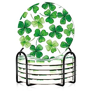 Whaline 6Pcs St. Patrick's Day Ceramic Coaster Set Watercolor Shamrock Drink Coasters with Coaster Holder Green Clover Absorbent Coasters for Table Protection Housewarming Gifts Home Decor