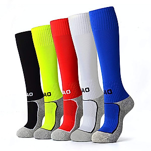 AII 5 Pairs Kids Soccer Socks Boys Girls High Tube Long Knee Athletic Football Socks (4-18 Years) color mess (multicolored, Large)