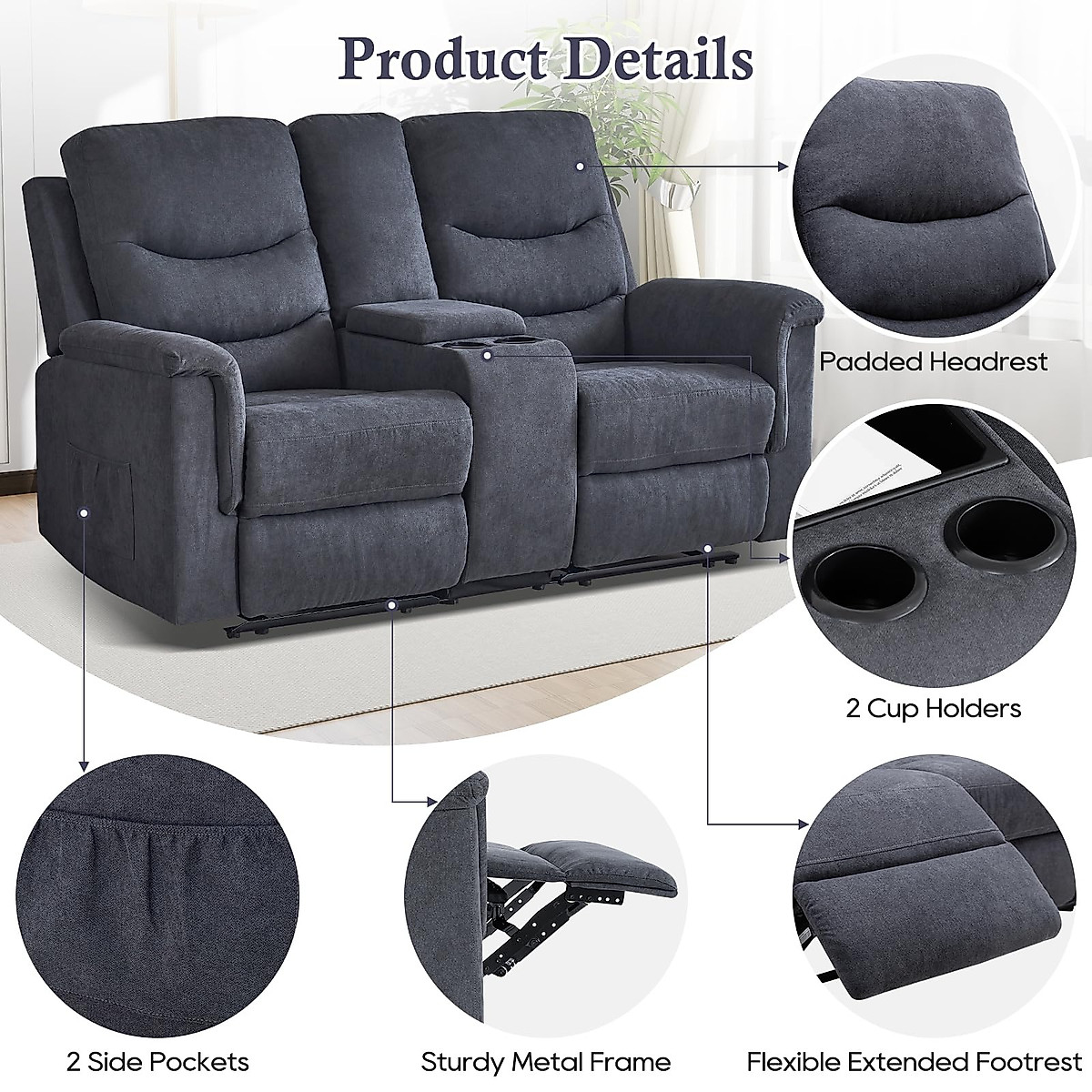 Consofa Loveseat Recliner, Manual Reclining Loveseat with Console, 68'' Wall Hugger Reclining RV Theater Seats, Double Recliner Loveseat with Cup Holder and Side Pocket for Living Room