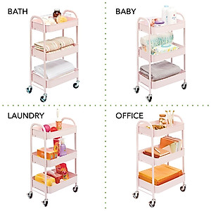 mDesign Metal 3-Tier Rolling Utility Storage Carts - Organizer Trolley for Bathroom, Kitchen, Laundry, Office, and Kids Rooms - Heavy Duty Caddy with 4 Caster Wheels - Light Pink