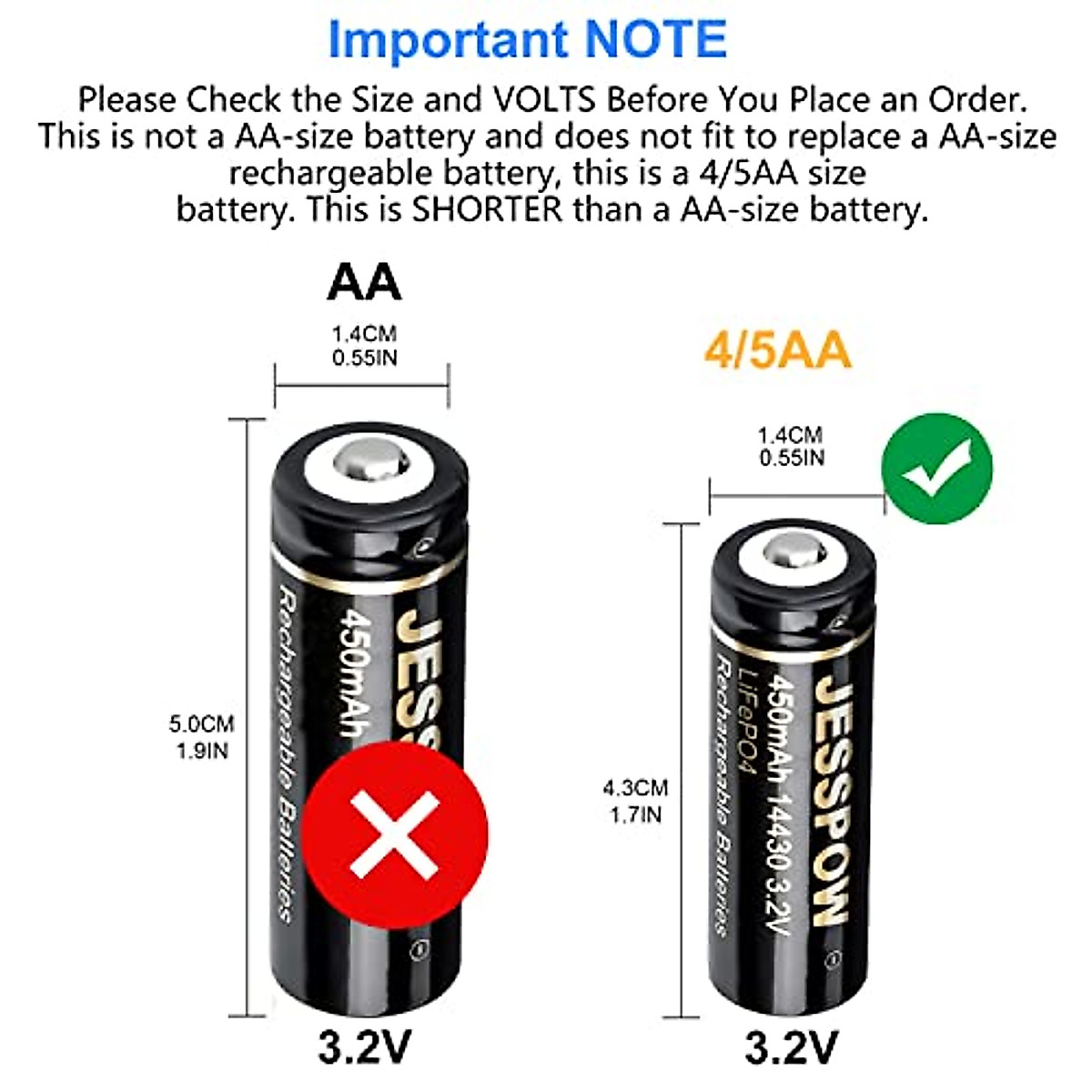 JESSPOW 14430 Battery, 14430 3.2V 450mAh LiFePo4 Rechargeable Solar Batteries 4 Pack for for Solar Panel Outdoor Garden Lights, Solar Panel Light, Tooth Brush, Shaver, Flashlight (NOT AA Battery)