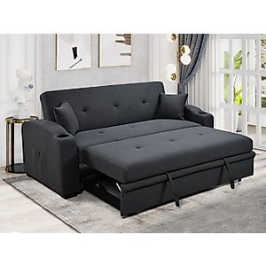 ZIGHTH 75'' Convertible Queen Size Sleeper Sofa Bed with Cup Holders, Modern Linen Loveseat Sofa Couch with Pull Out Bed and Adjustable Backrest for Living Room, Apartment, Bedroom. Dark Blue