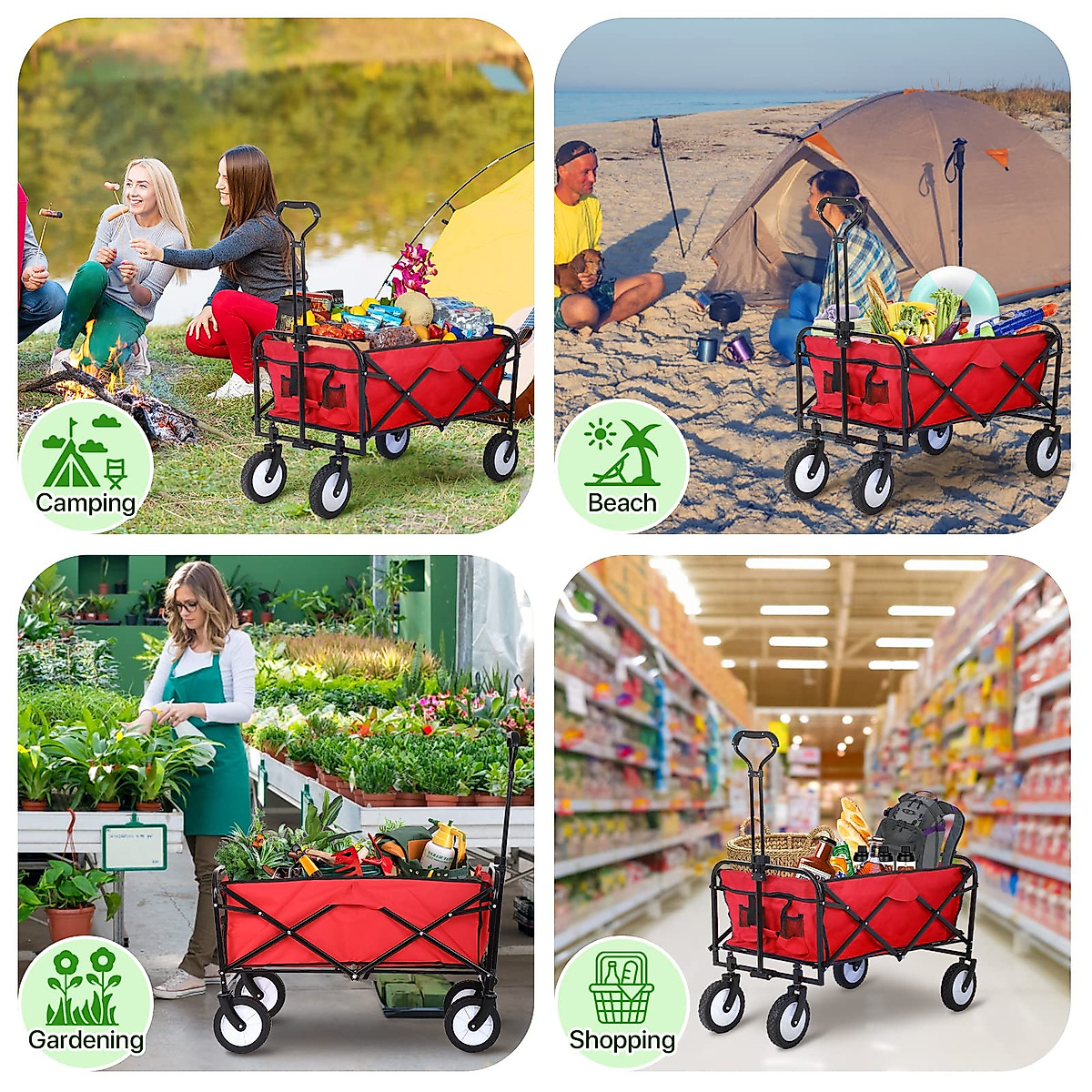 HKLGorg Folding Wagon with Wheels - Heavy Duty Beach & Outdoor Grocery Wagon, Portable & Collapsible Utility Wagon with Handle for Camping, Red