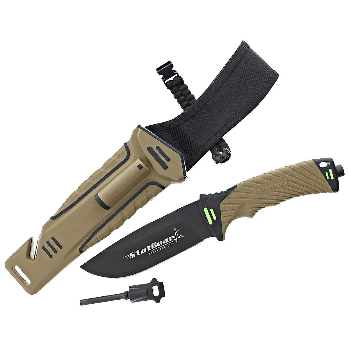 StatGear Surviv-All Fixed-Blade Bowie Knife with Sheath, Firestarter, Sharpener & Cord Cutter for Hunting Camping Outdoors Hiking EDC