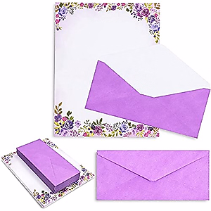 Purple Watercolor Floral Stationery Paper and Envelopes Set (8.5 x 11 In, 48 Pack)