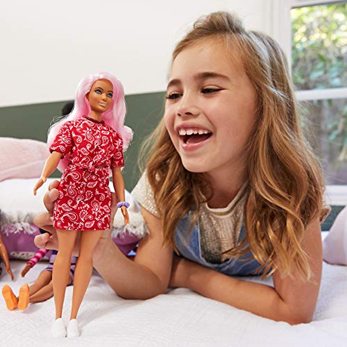 Barbie Fashionistas Doll #151 with Long Pink Hair Wearing a Red Paisley Top & Skirt, White Sneakers & Scrunchie Bracelet, Toy for Kids 3 to 8 Years Old