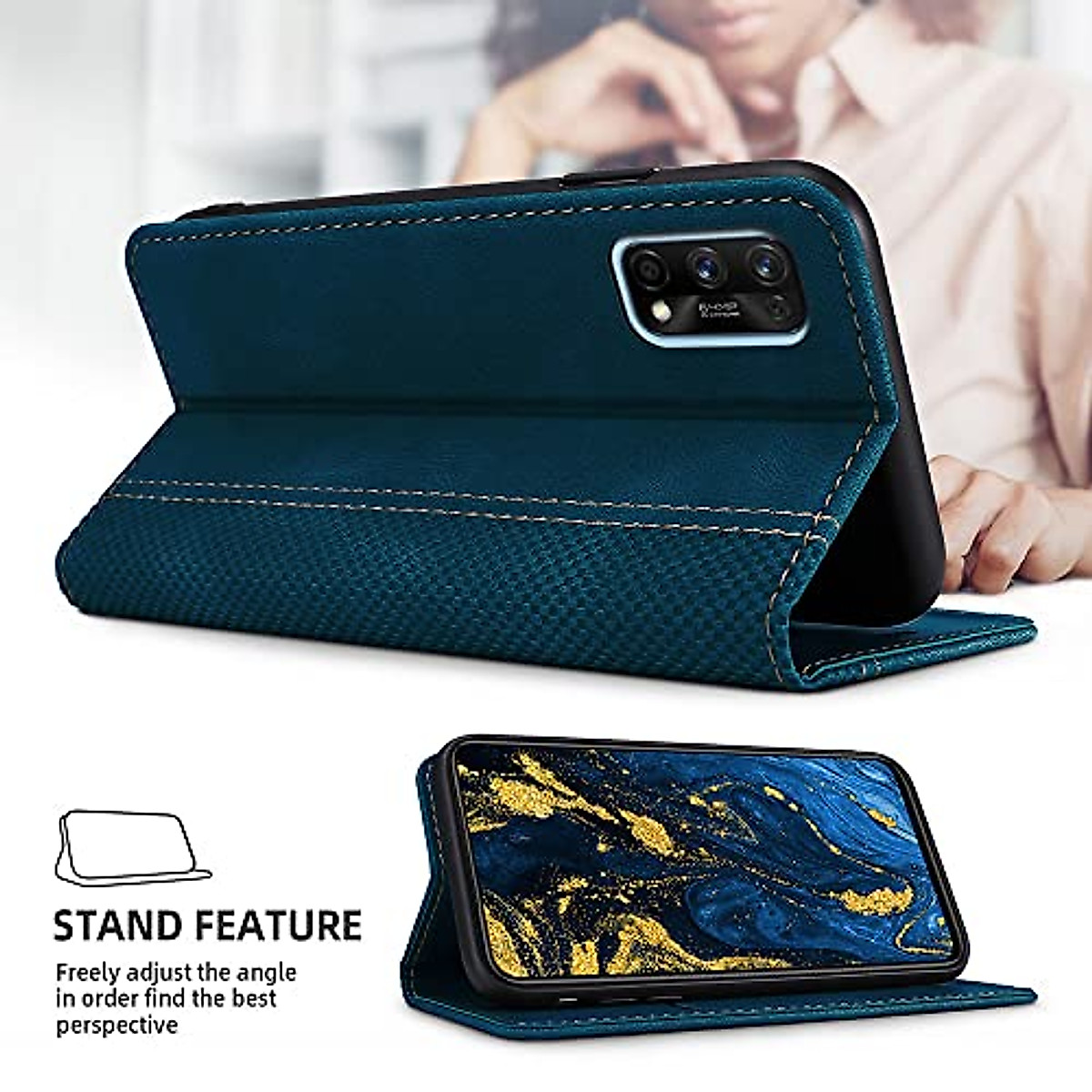 AKABEILA for Oppo Realme 7 Pro Case Luxury PU Leather Flip Case for Oppo Realme 7 Pro Flip Folio Wallet Case Cover with Card Holder Magnetic Closure Kickstand Shockproof 6.4" Blue