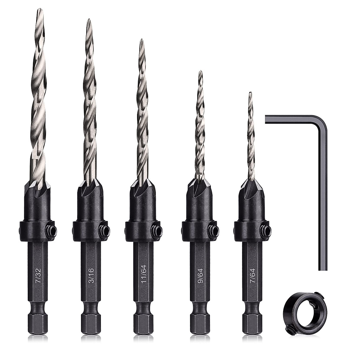 WEAVERBIRD Wood Countersink Drill Bit Set (5Pcs), #4, 6, 8, 10, 12 Tapered High Speed Steel Drill Bits with 1/4" Hex Shank, Depth Adjustable Stop Collar (3/8") and Hex Wrench (1/8" Allen key) included