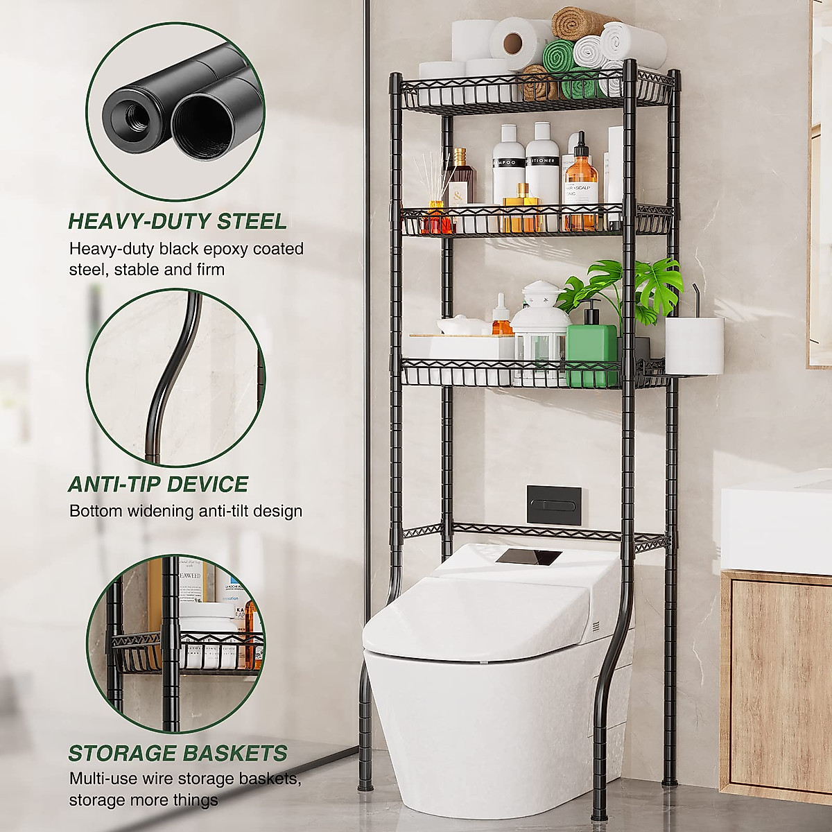 LEHOM Bathroom Organizer Over The Toilet Storage, 3-Tier Bathroom Shelves Over Toilet Shelf Above Toilet Storage Rack Freestanding Bathroom Space Saver with Adjustable Shelves and Baskets, Black