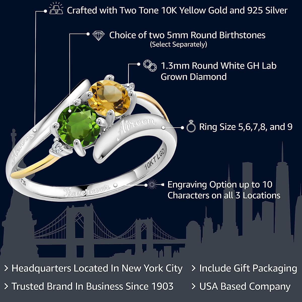 925 Sterling Silver and 10K Yellow Gold Build Your Own Customized and Personalized Engraved 2-Stone Round Birthstones and White Lab Grown Diamond Women Ring (Available In Size 5, 6, 7, 8, 9)