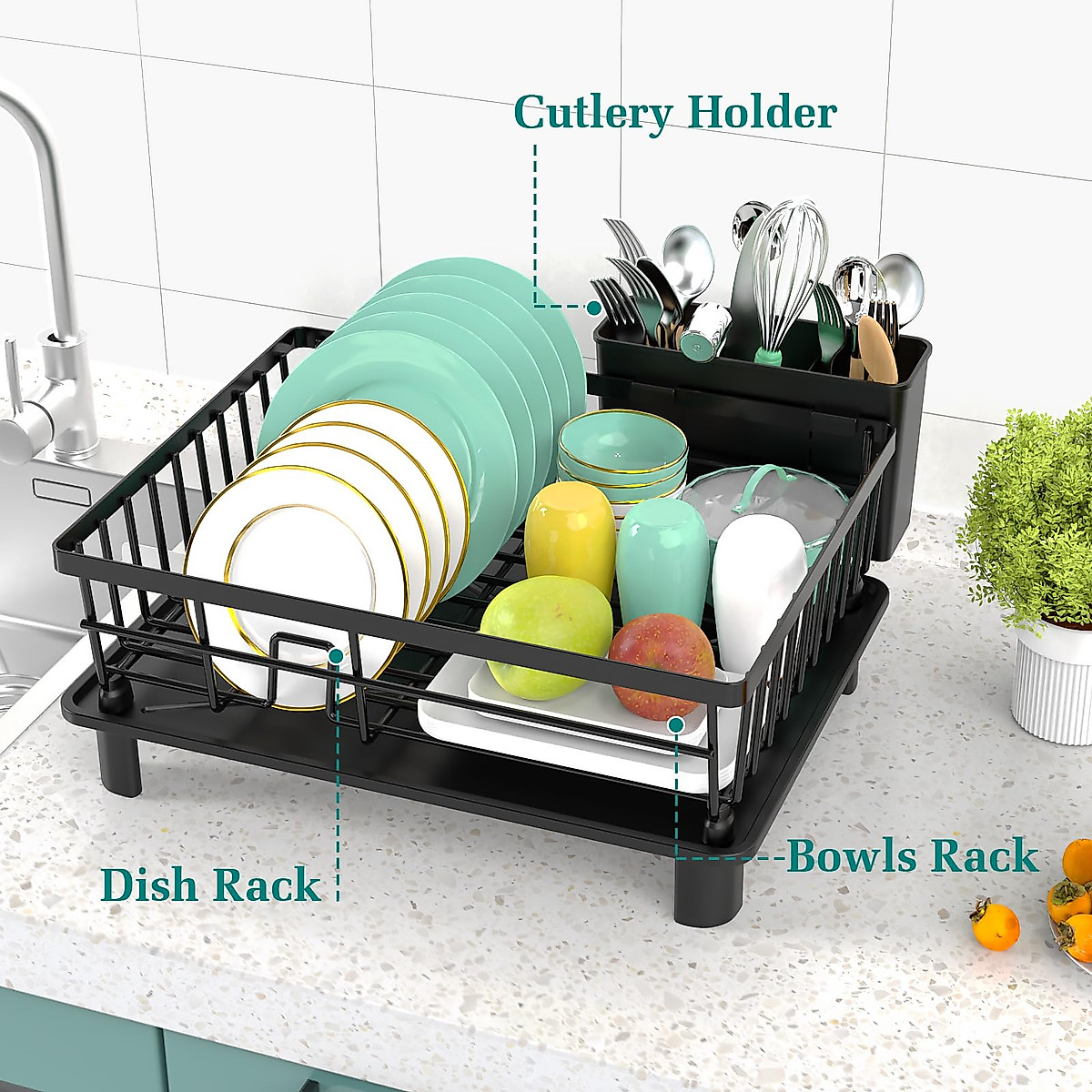Dish Drying Rack, Space-Saving Dish Rack for Kitchen Counter, Stainless Steel Dish Rack with Cutlery Holder, Removable Dish Drainer, Drainboard and Adjustable Spout for Various Kitchenware,15x11x6.7''